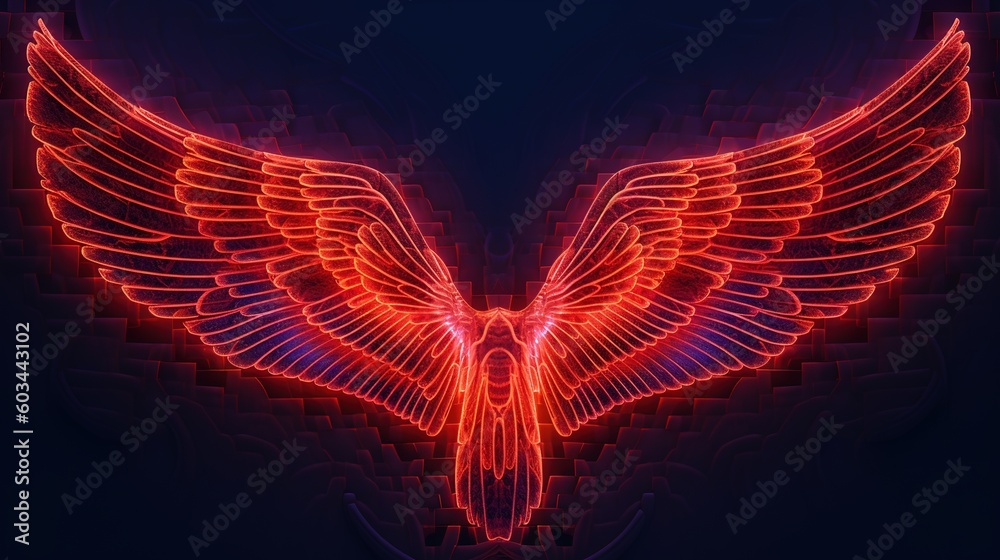 a neon bird with wings spread out of it's back and wings spread out of ...