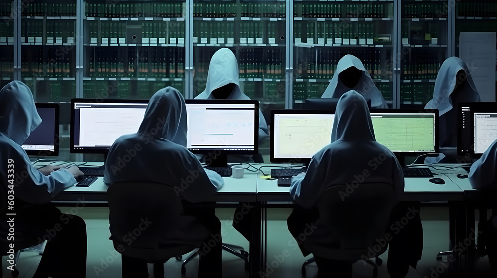 Hackers with hoodies. Hacker group, organization or association. AI generated Stock Illustration ...