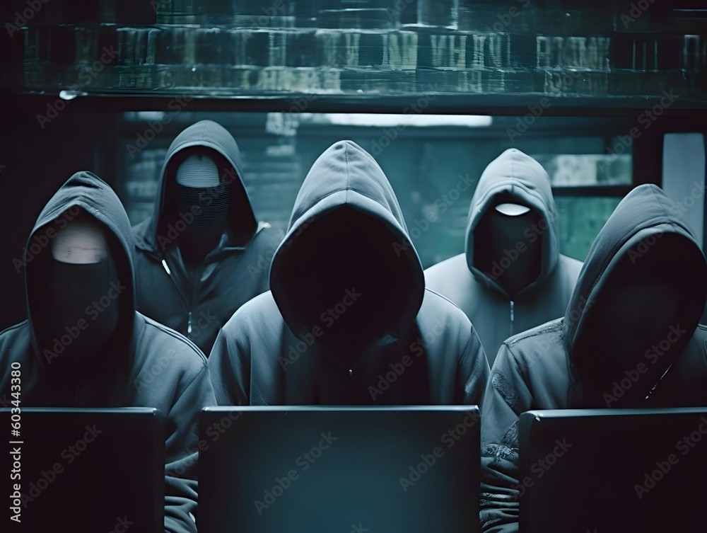 Hackers with hoodies. Hacker group, organization or association. AI generated Stock Illustration ...