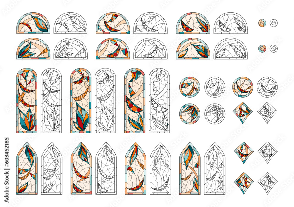 Coloring stained glass in a Church. Set of different windows shapes ...