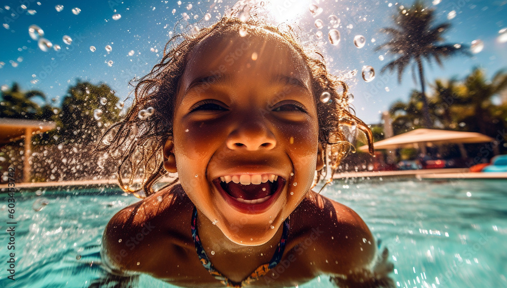 Child playing and splashing in pool in the summer, Cute child jumping ...