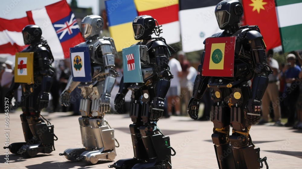 World Population Day. Group of chrome robots with country flags, dark ...