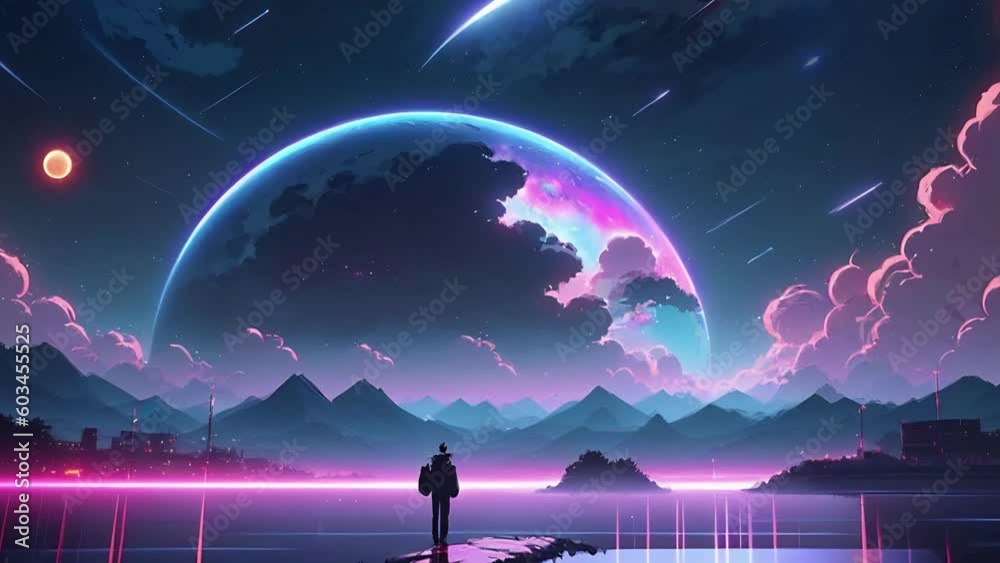 Futuristic cosmic animation night panorama with a big planet on the ...