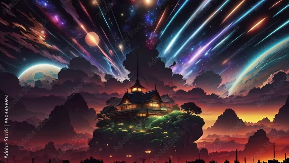 Futuristic cosmic animation with galaxy, and house and house on ...