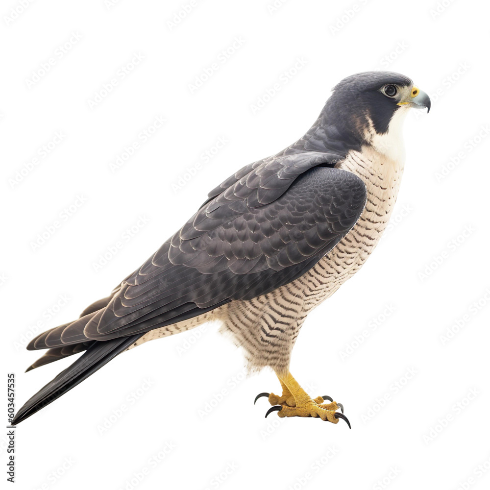 Side view of animal Peregrine Falcon standing on a transparent ...