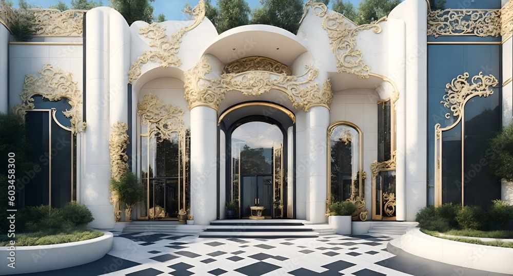 Illustration of a grand white building with a striking black and white checkered flooring ...