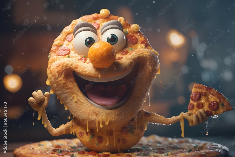 Cheerful pizza character illustration. , .highly detailed, cinematic ...