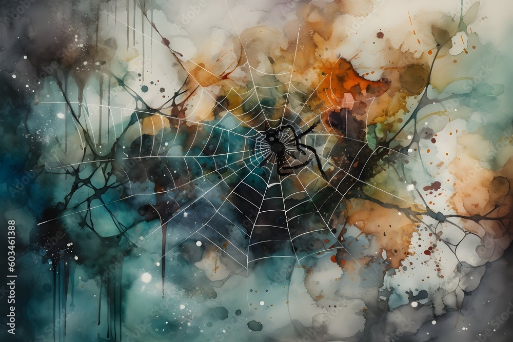 A continuous design of watercolor smudges and spider webs , .highly ...