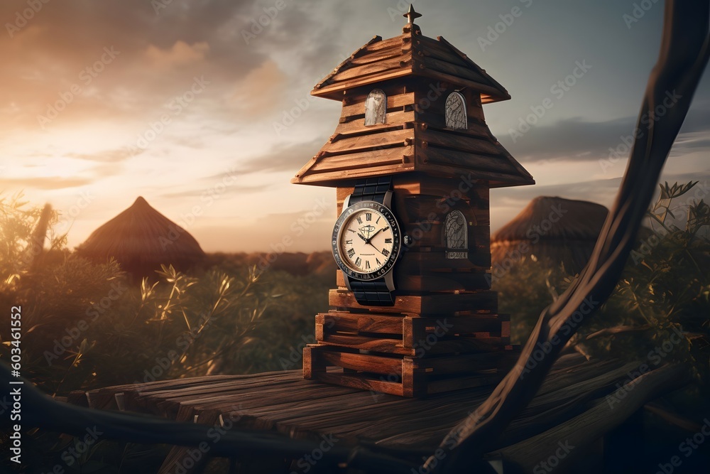 Artistic representation of wooden watch tower with background ...