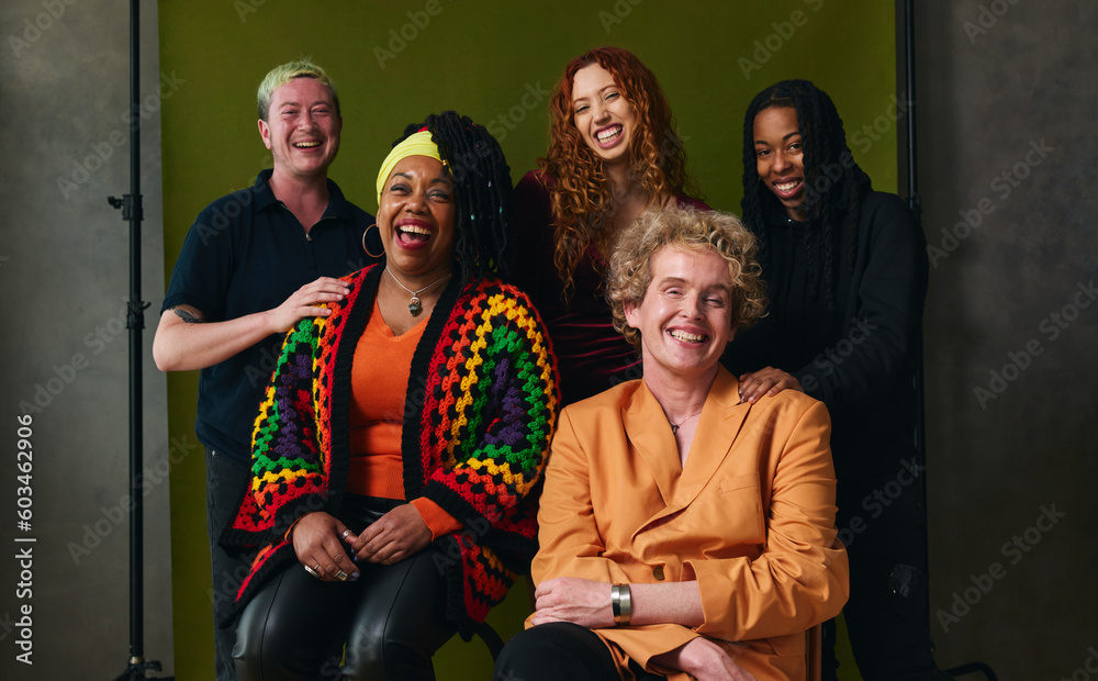 Poster Portrait of five cheerful LGBTQIA queer people against studio ...