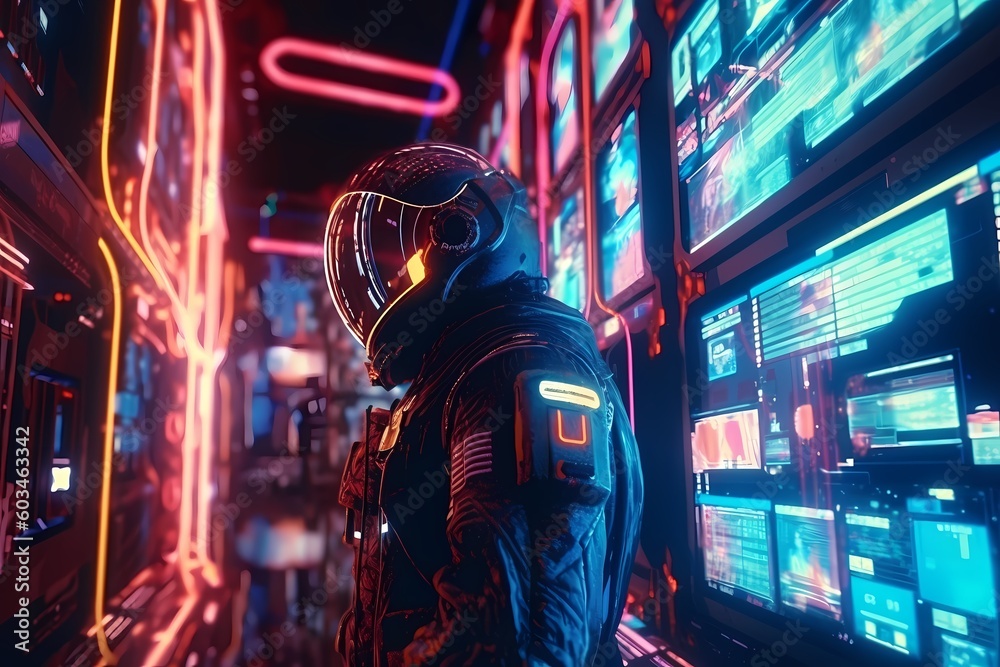 Retrowave Neon illustration of male wearing space suit figure accessing ...