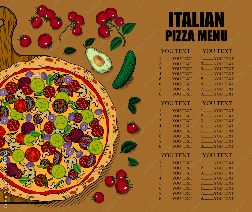 Italian pizza poster. Big round tasty pizza. Conceptual design of a ...