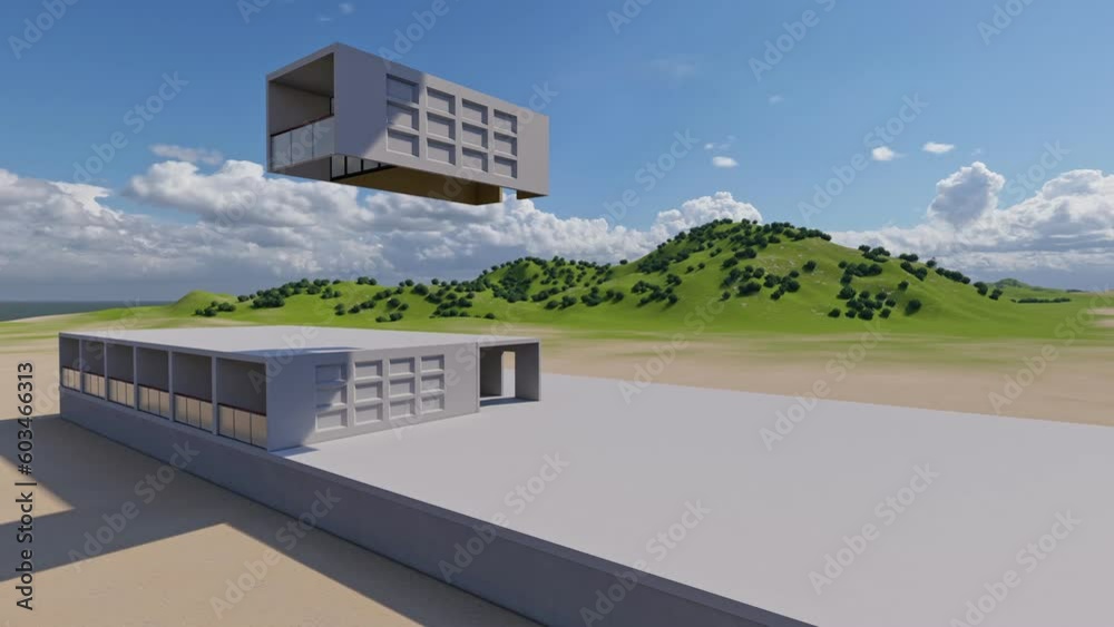 Process of construction new and modern modular house. 3d rendering ...