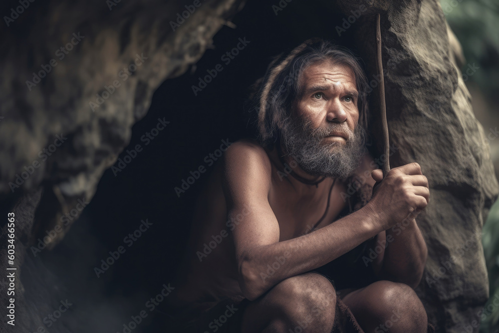 Portrait of prehistoric man in cave. Face of Neanderthal caveman with ...
