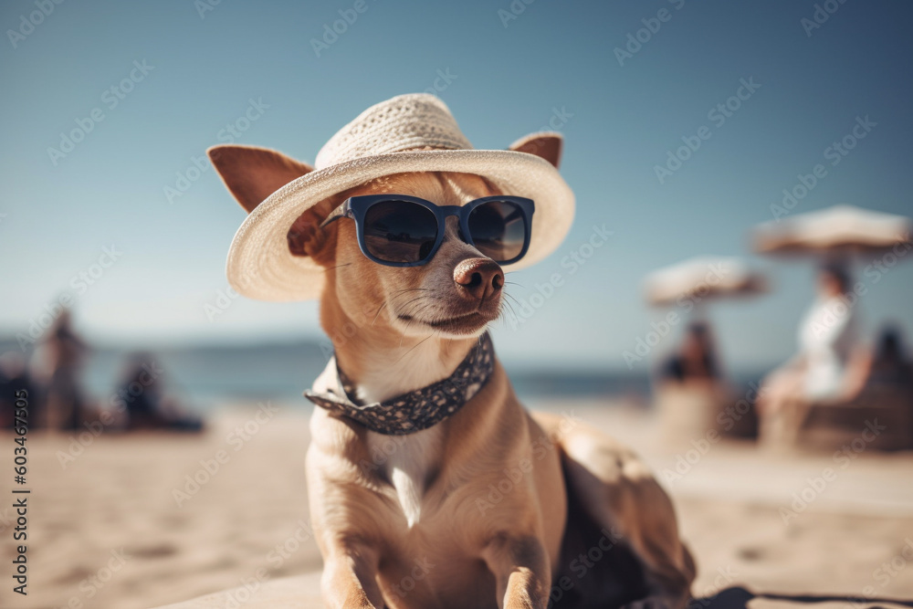 Funny dog on the beach. Pet wearing hat and sunglasses relaxing on ...