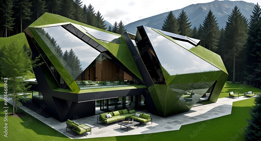 Illustration of a modern green building with large windows and ...
