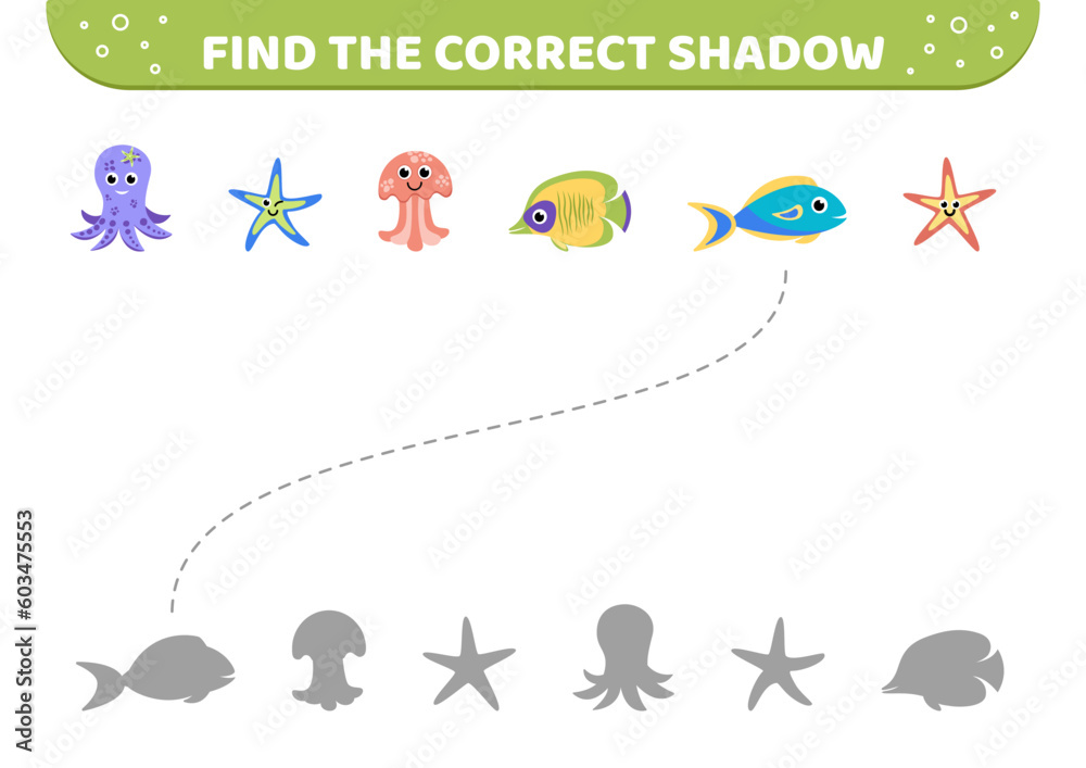 Sea animals. Find the correct shadow. Shadow matching game. Cute sea ...