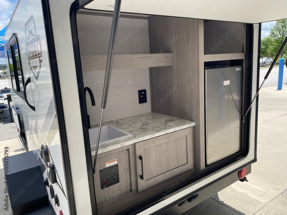 Camper world Coleman camper trailer back side Stock Photo | Adobe Stock