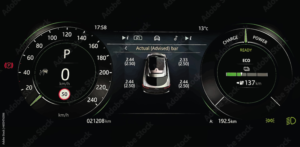 TPMS (Tyre Pressure Monitoring System) display on car dashboard panel ...