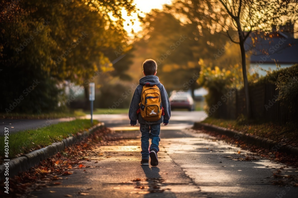 Little boy walking back to school from behind. Generative AI Stock ...