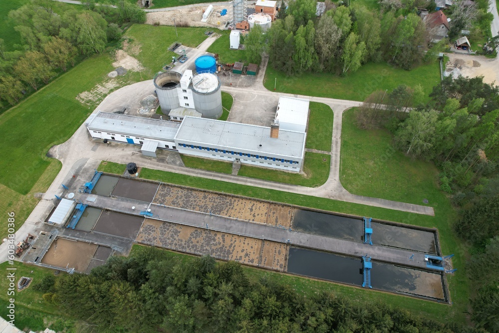 Aerial view of sewage treatment plant, filtration of polluted or waste ...