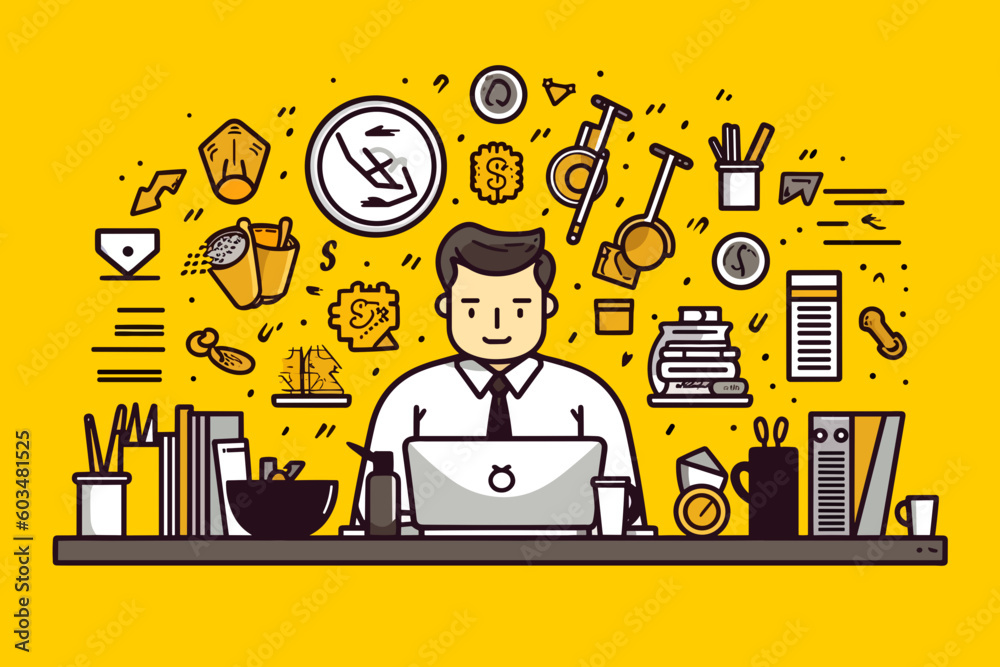 Doodle inspired Financial manager at office, cartoon sticker, sketch ...