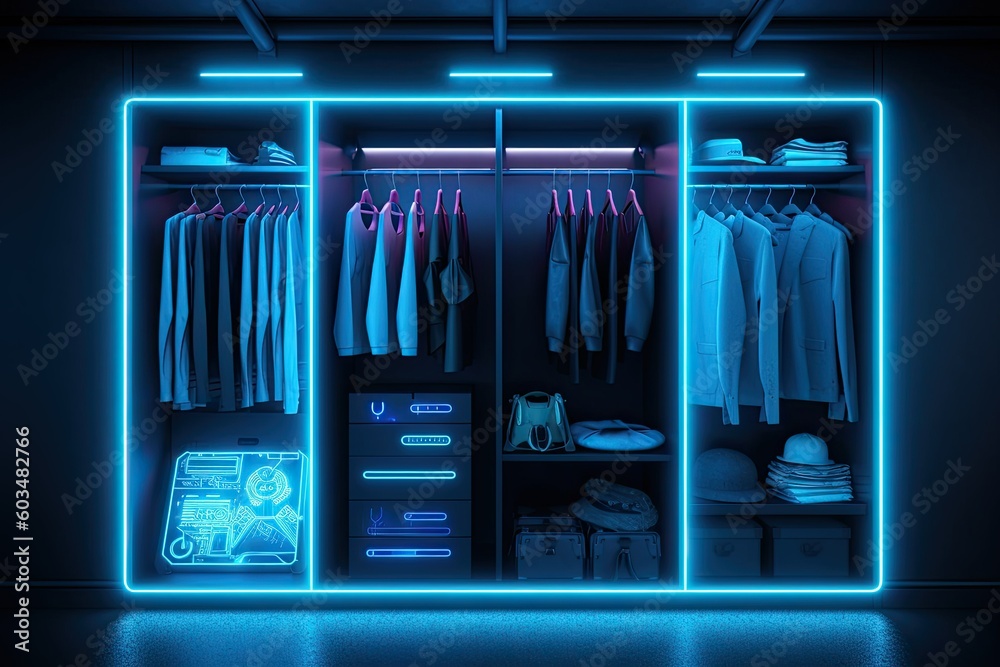 Digital Closet, AI Fashion Assistant. AI apps for Wardrobe and Outfit Planning. Blue neon modern ...