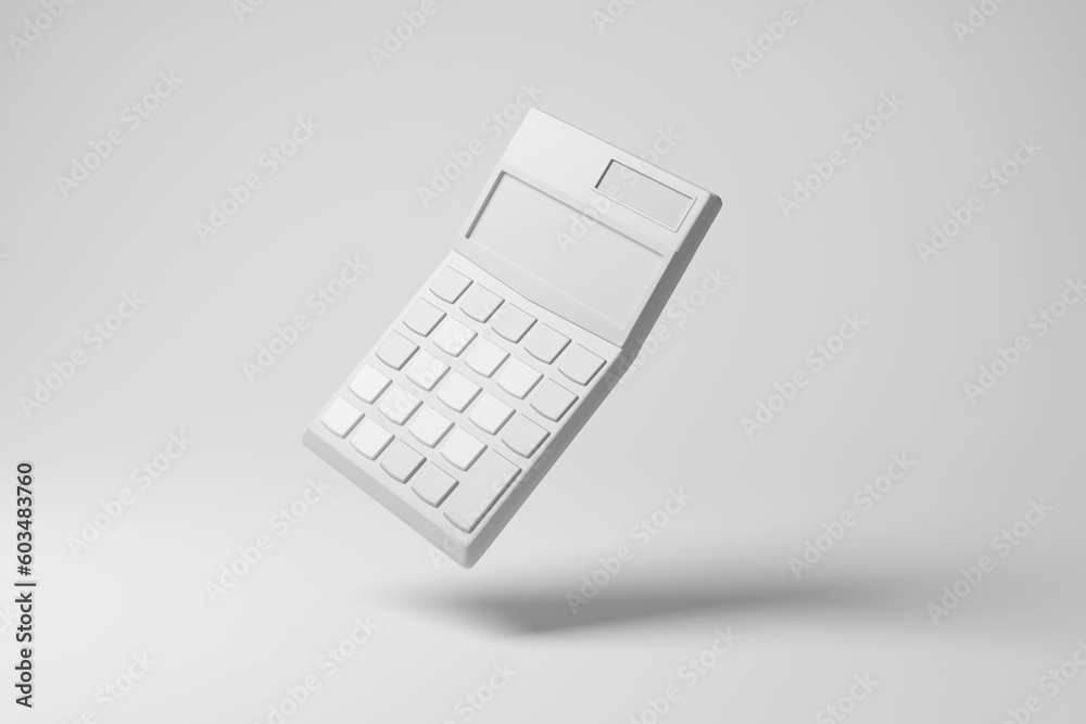 White calculator floating in mid air with shadow on white background ...