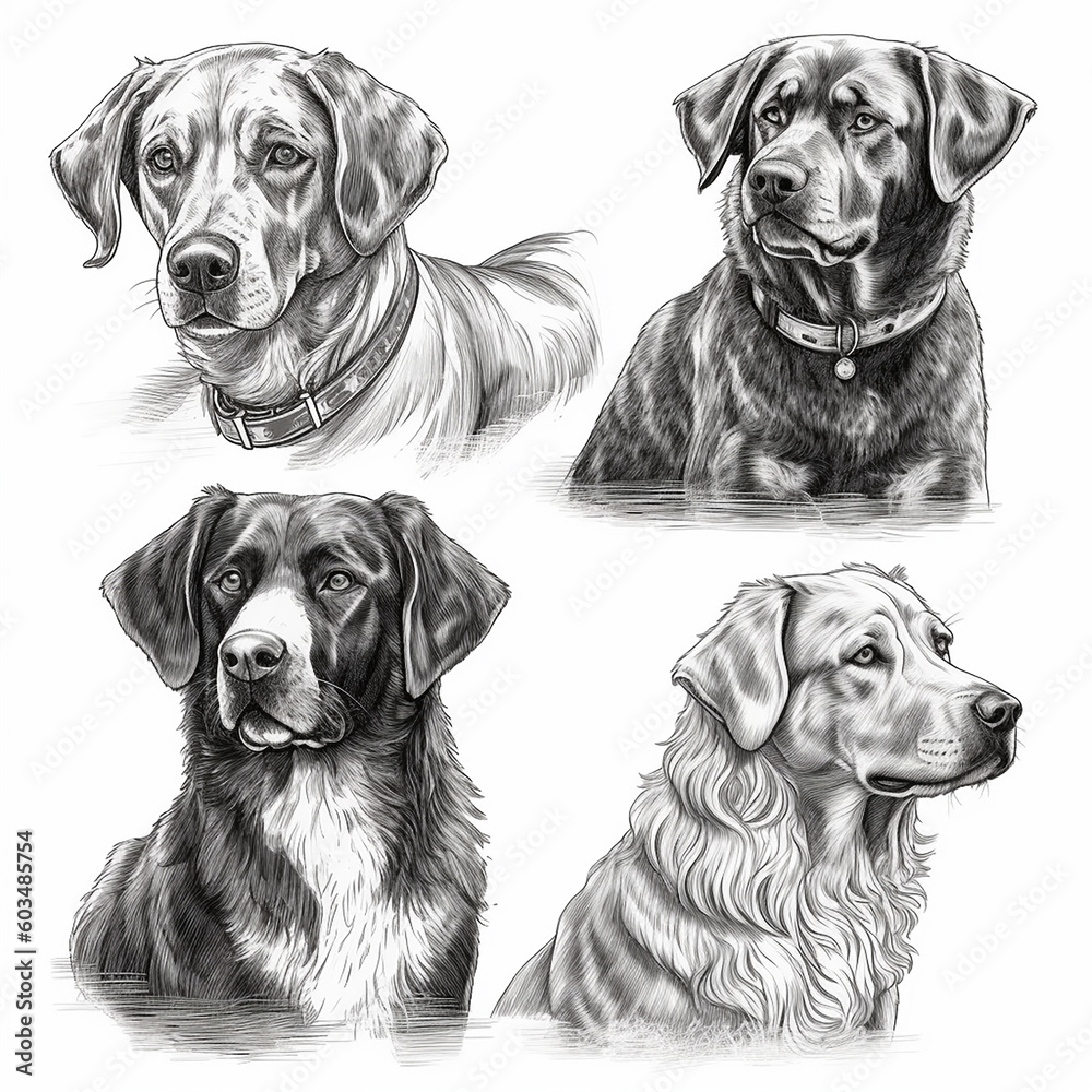 Different breeds of dogs together on a white background, black and ...