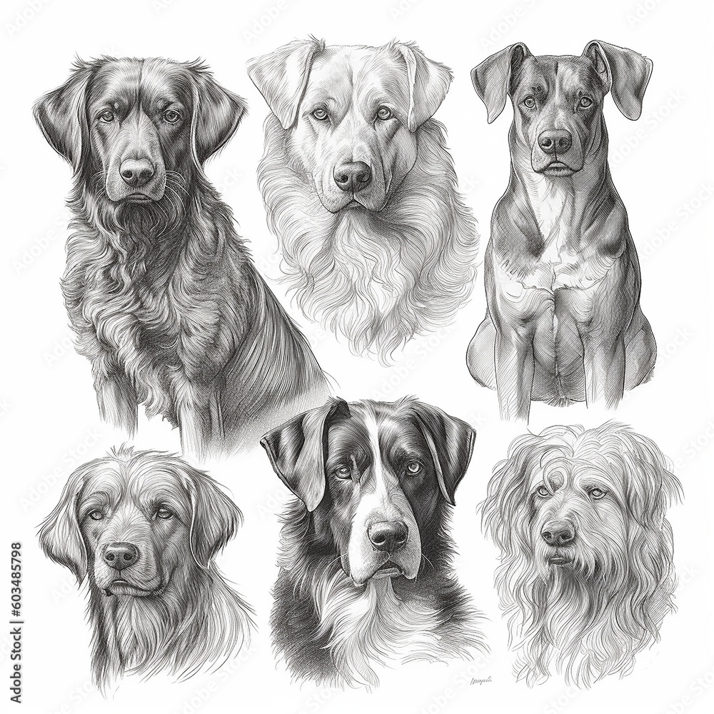 Different breeds of dogs together on a white background, black and ...