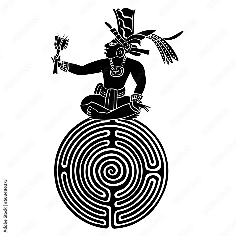 Ancient Mayan man holding flower seated on top of a round spiral maze ...