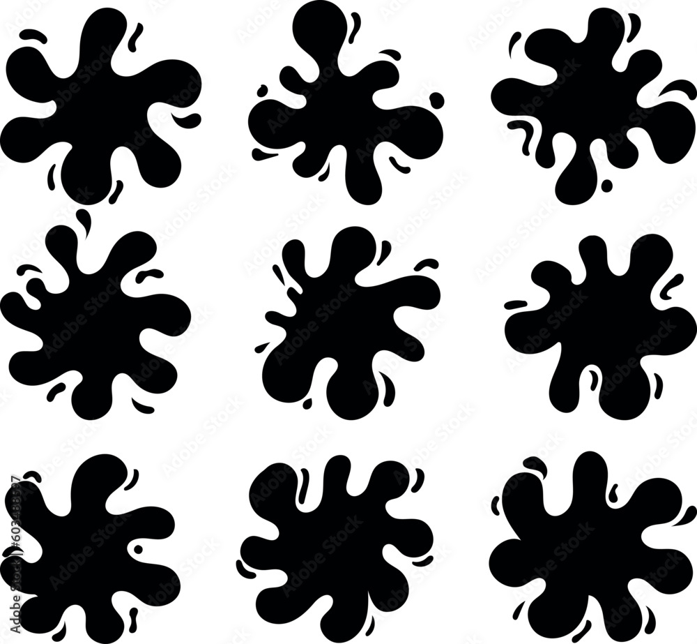 Ink drops and splashes. Blotter spots, liquid paint drip drop splash ...