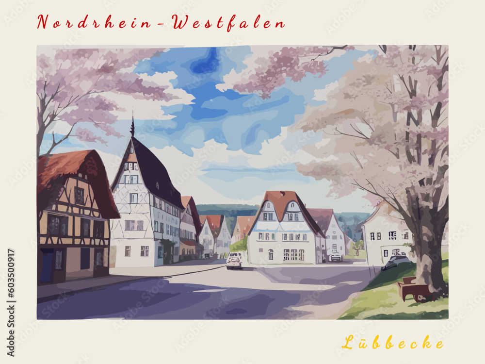 Lübbecke: Post card design with Town in Germany and the city name ...