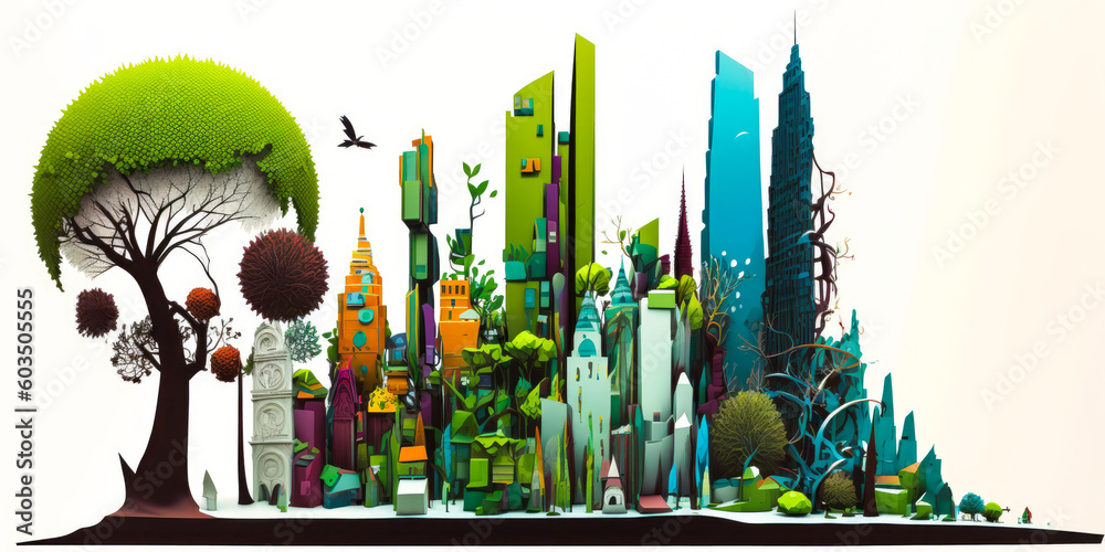 Stunning surreal cityscape with diverse, vibrant buildings and a giant, lush tree centerpiece ...
