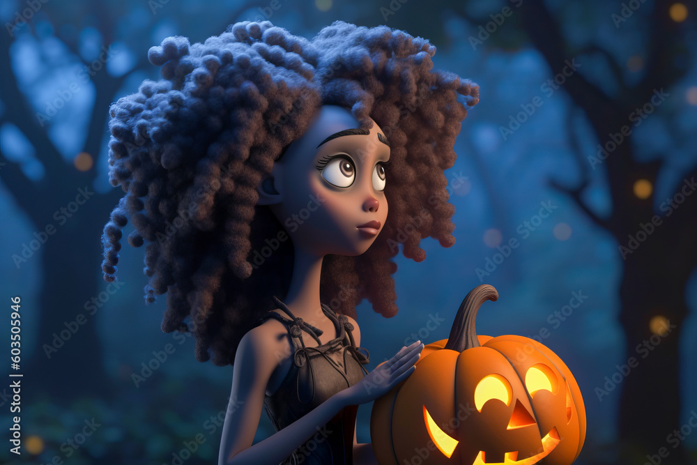 Beautiful African American girl wearing gothic dress. Holding a jack-o ...