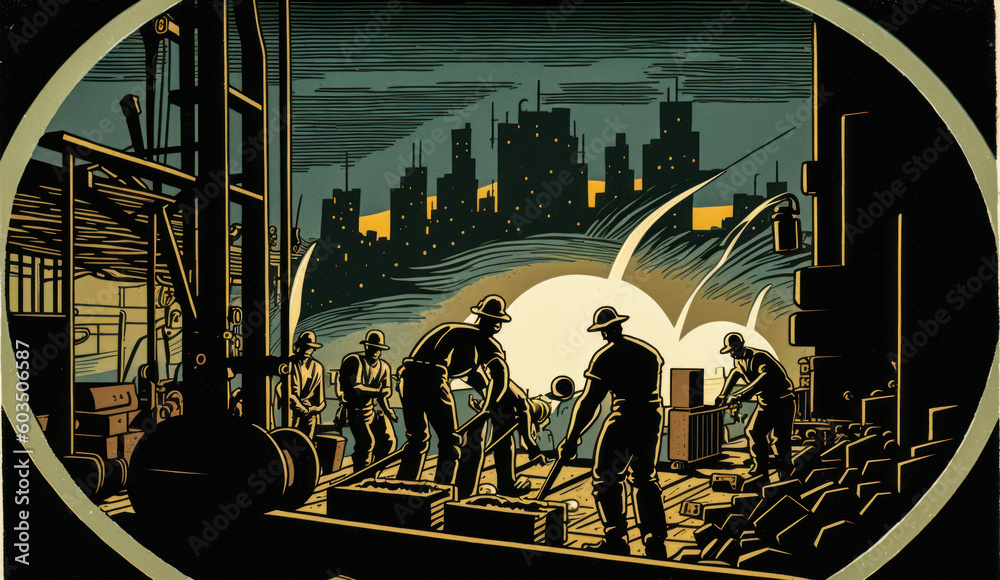 Captivating night construction scene, workers illuminated by glowing ...