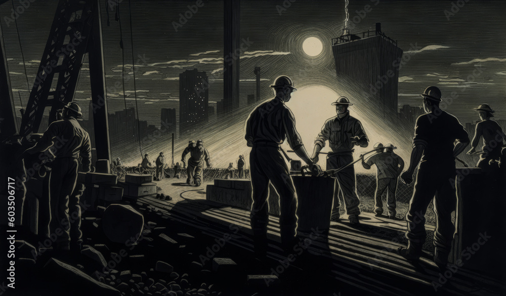 Captivating night construction scene, workers pouring concrete ...