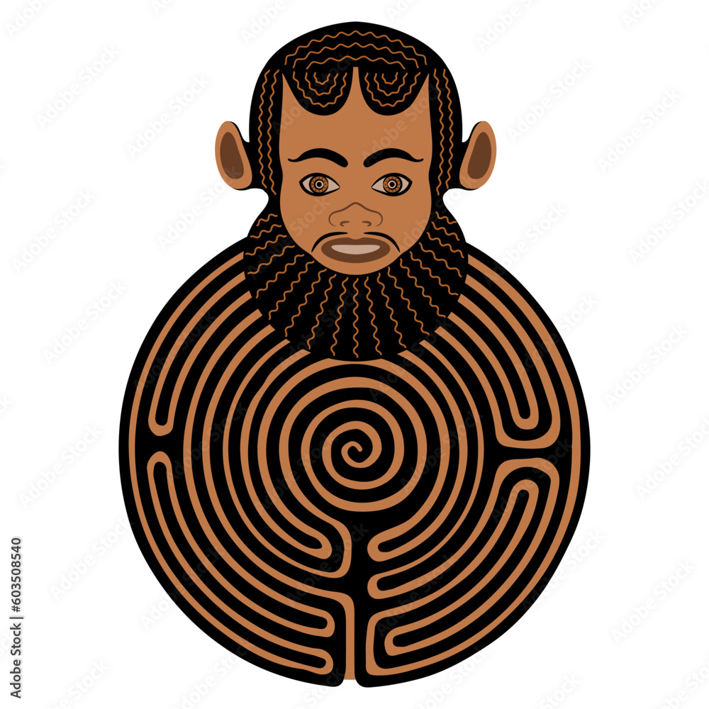 Head of ancient Greek satyr on a round spiral maze or labyrinth symbol ...