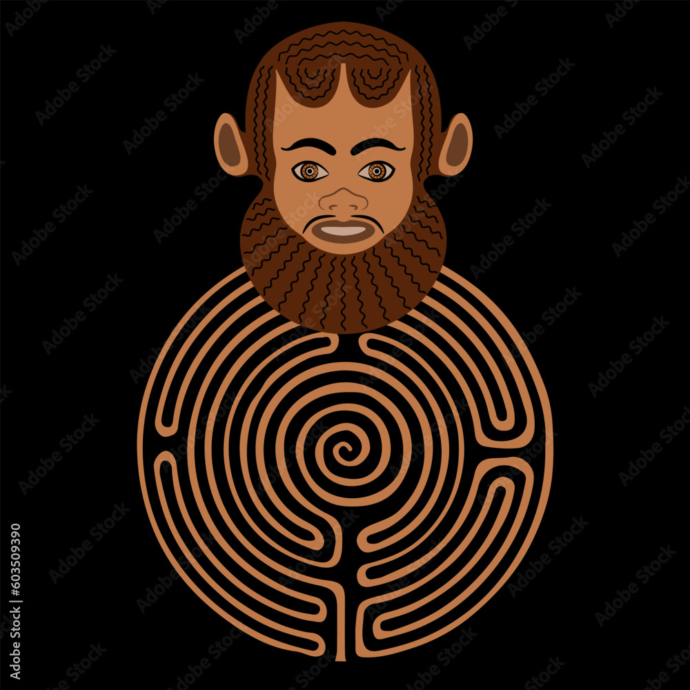 Head of ancient Greek satyr on a round spiral maze or labyrinth symbol ...