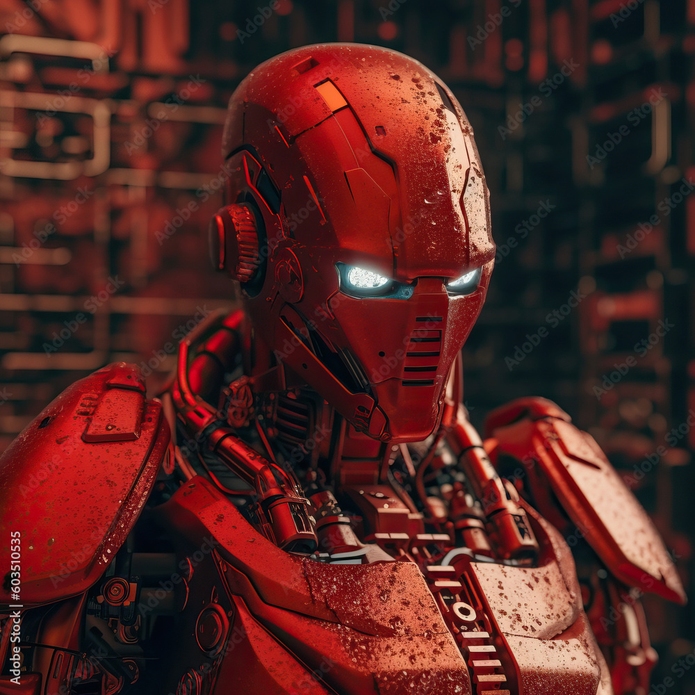 Futuristic sci-fi robot in form of , hi - tech synthetic red plastic ...