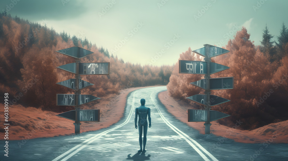 person standing at a crossroad, with one path representing AI ...