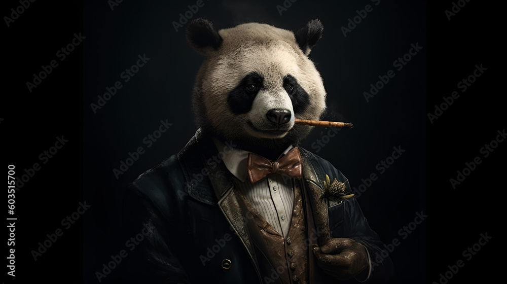 A panda dressed in vintage suit, smoking cigar, dark background Stock ...