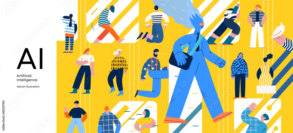 Póster Artificial intelligence, AI and humanity -modern flat vector ...