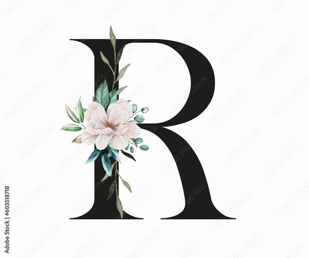 Capital letter R decorated with green leaves and pansies. Letter of the ...