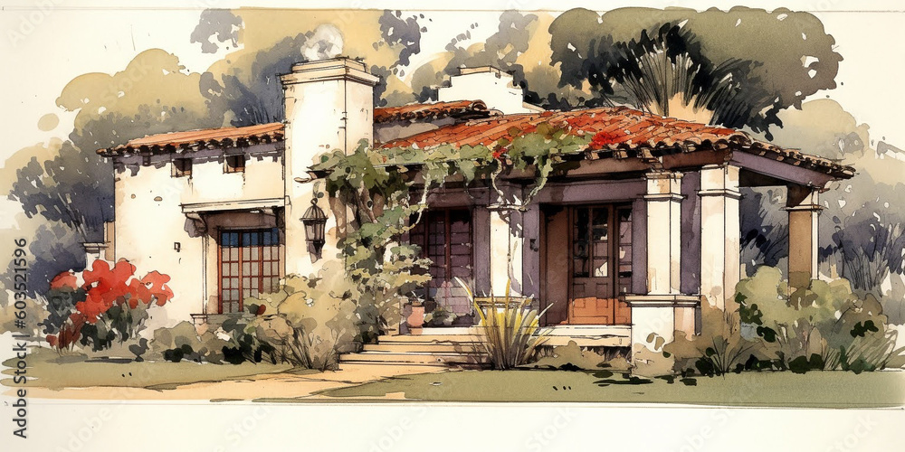 architectural sketch: Spanish revival bungalow (generative ai content ...