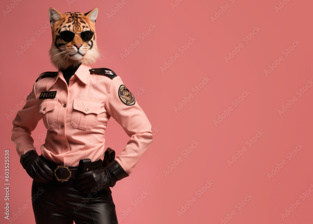 An anthropomorphic tigress in a pink police uniform, a bold ...