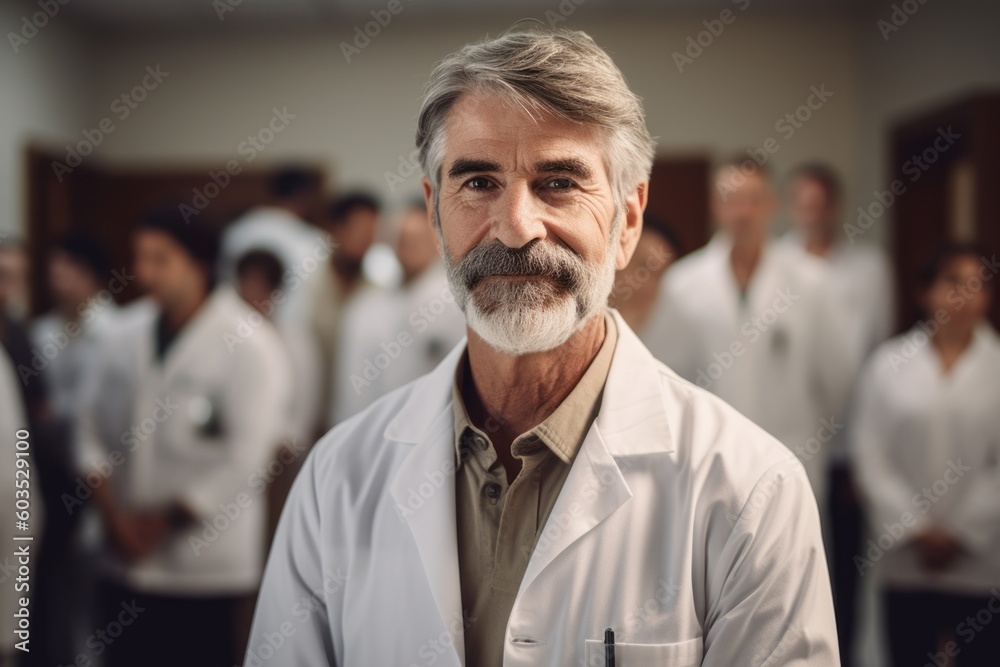 Group portrait photography of a grinning doctor in his 60s wearing a ...