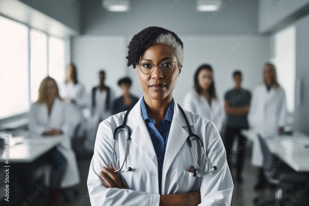 Group portrait photography of a pleased doctor in her 40s wearing a ...