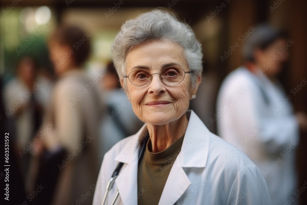 Medium shot portrait photography of a pleased doctor in her 60s wearing ...