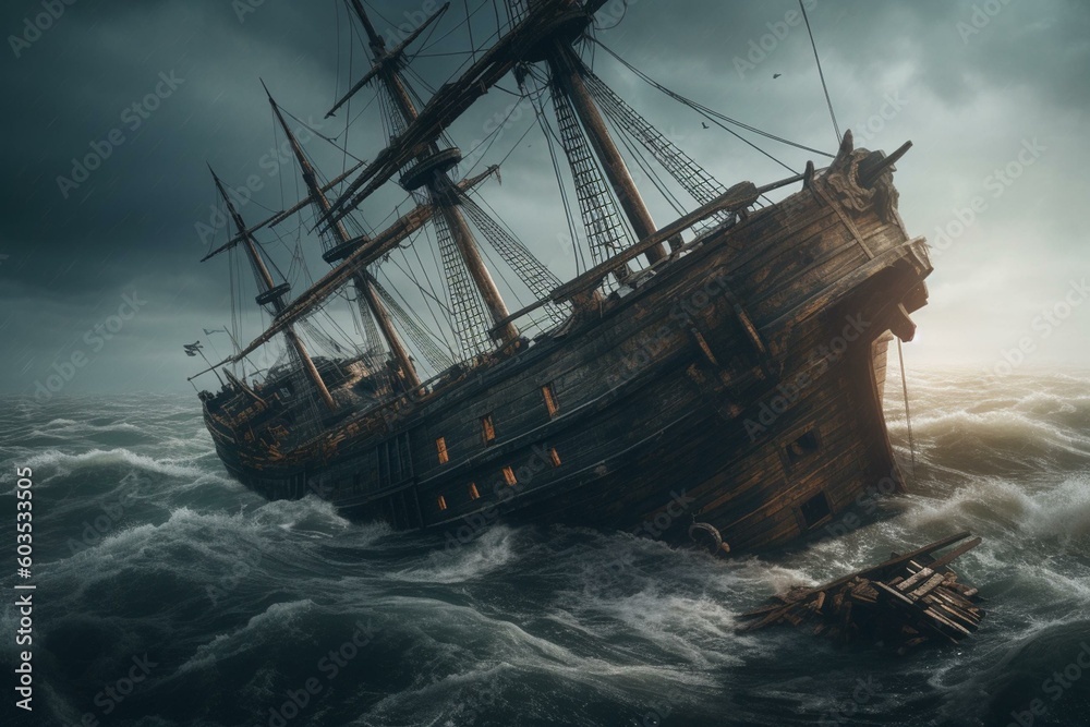 A tempest at sea causes a shipwreck captured in an oil painting ...